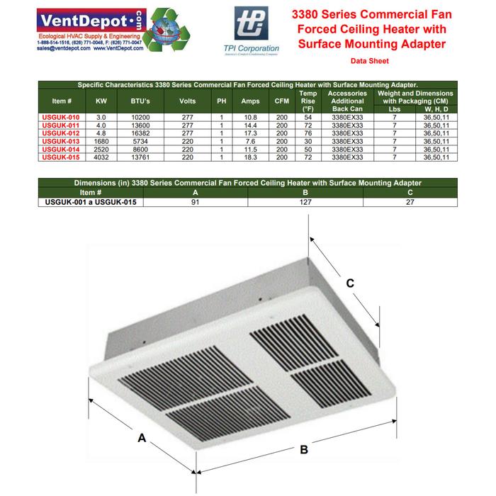 Ceiling Heater - Heaters: Downflow Fan Forced - 3380 Series Commercial ...